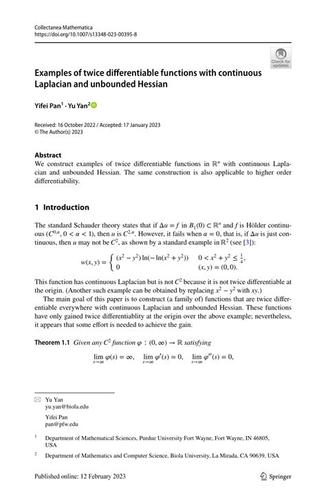 Pdf Examples Of Twice Differentiable Functions With Continuous Laplacian And Unbounded Hessian
