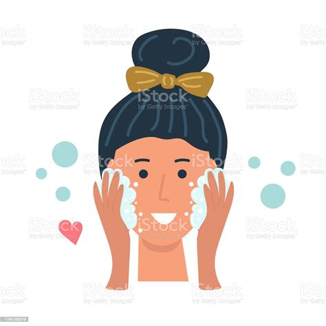 소녀는 매일 개념으로 세탁 위생 피부 관리 아름다움을 위해 거품이나 젤로 얼굴을 씻습니다 플랫 일러스트레이션 개념에 대한 스톡 벡터 아트 및 기타 이미지 Istock