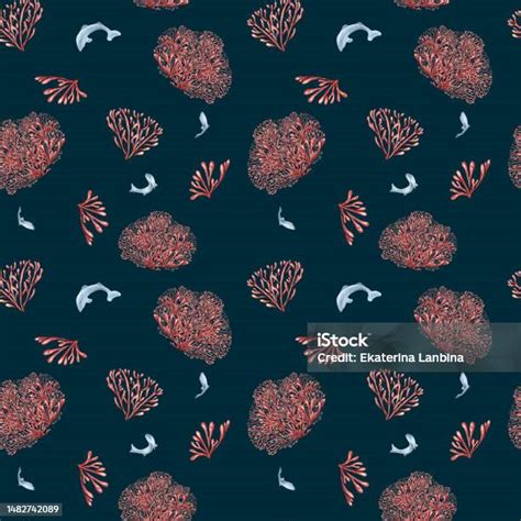 바다 식물의 매끄러운 패턴 검은 배경에 분리된 산호 수채화 핑크 한천 한천 해초와 물고기 손으로 그렸다 패키지 섬유 종이 포장 해양 컬렉션을 위한 디자인 요소 0명에 대한