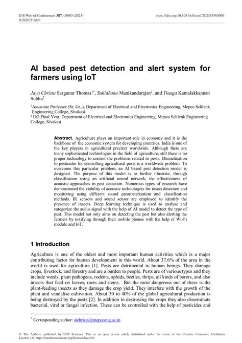 Pdf Ai Based Pest Detection And Alert System For Farmers Using Iot