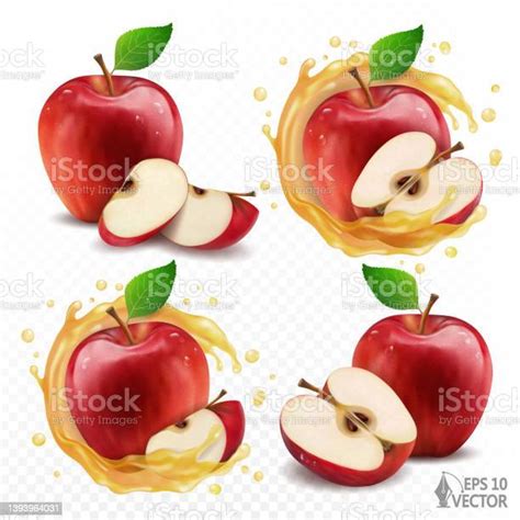 반쪽과 조각이있는 천연 신선한 빨간 사과 육즙이 많은 투명한 스플래시 및 드롭 3d 사실적인 벡터 일러스트 레이 션 사과에 대한 스톡 벡터 아트 및 기타 이미지 Istock