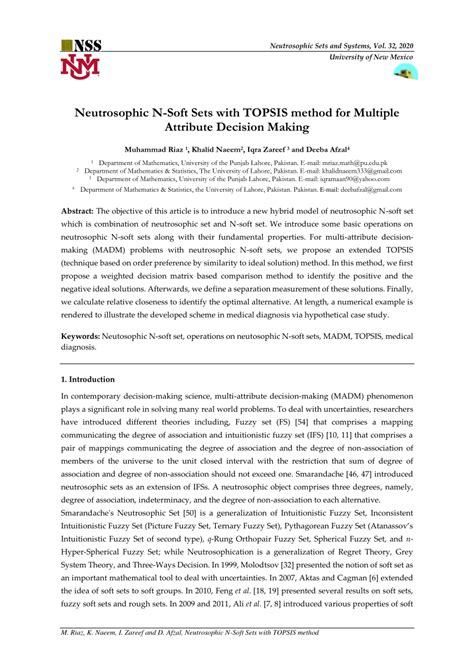 Pdf Neutrosophic N Soft Sets With Topsis Method For Multiple Attribute Decision Making