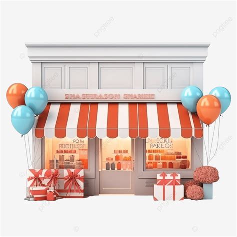 상품 판지 상자 풍선 종이 가방 격리된 시작 프랜차이즈 비즈니스 또는 대출 승인 개념 3d 렌더링 그림으로 매장 앞 가게