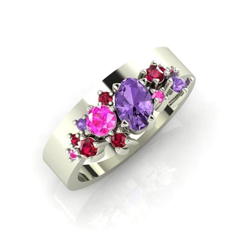 Crystallised Asymmetrical Violet And Pink Sapphire And Ruby Encrusted Ring