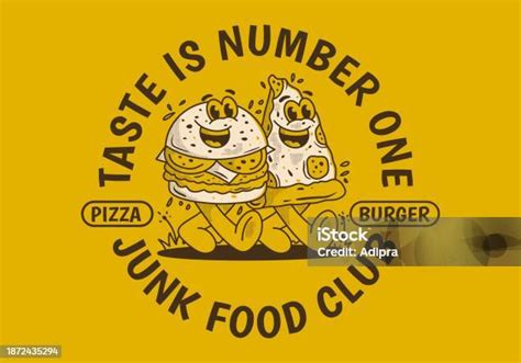 정크 푸드 클럽 맛이 1 위입니다 걷는 햄버거와 피자의 캐릭터 일러스트 감자 요리에 대한 스톡 벡터 아트 및 기타 이미지 감자 요리 감정 고기 Istock
