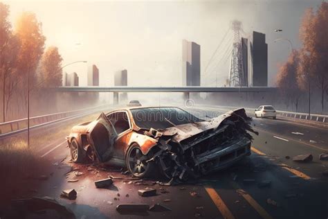 Car Accident Concept With Car Collision On City Highway Road Neural Network Generated Art Stock