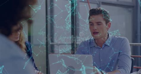 Animation Of Connected Dots Forming Geometric Shapes Over Diverse Coworkers Sharing Ideas In