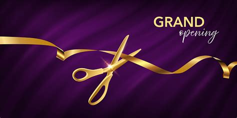 금 가위 컷 리본을 사용한 그랜드 오프닝 행사 보라색 로얄 커튼 맨틀 배경에 3d 럭셔리 배너 새로운 사업을 시작하는 전통적인 의식 취임식 벡터 일러스트 레이 션 0명에