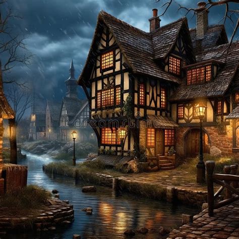Gothic Architecture Of Medieval Fantasy Village Stock Illustration