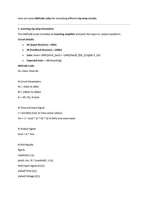 Here Are Some Matlab Codes For Simulating Different Op Pdf Operational Amplifier Amplifier