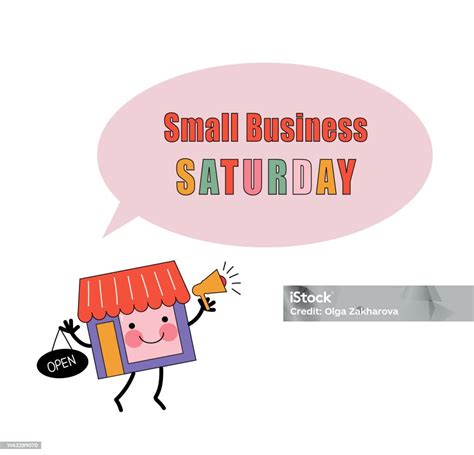 메가폰과 사인이 열린 재미있는 상점 캐릭터 토요일 중소기업 행사 벡터 낙서 만화 평면 그림 배너 포스터 소셜 미디어용 전단지