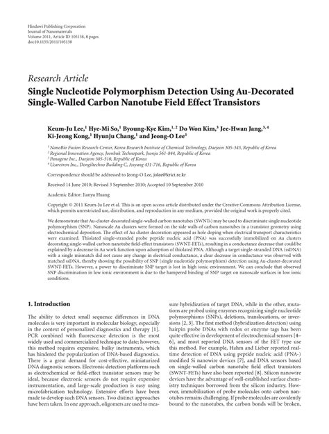 Pdf Single Nucleotide Polymorphism Detection Using Au Decorated Single Walled Carbon Nanotube