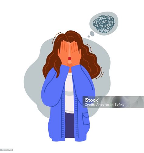 슬픈 우울한 화가 여자는 손으로 그녀의 얼굴을 덮고 어리둥절한 생각과 지저분한 머리를 가진 불행한 소녀 고독 개념에 대한 스톡 벡터 아트 및 기타 이미지 Istock