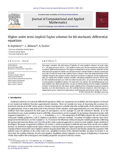Pdf Higher Order Semi Implicit Taylor Schemes For Itô Stochastic Differential Equations
