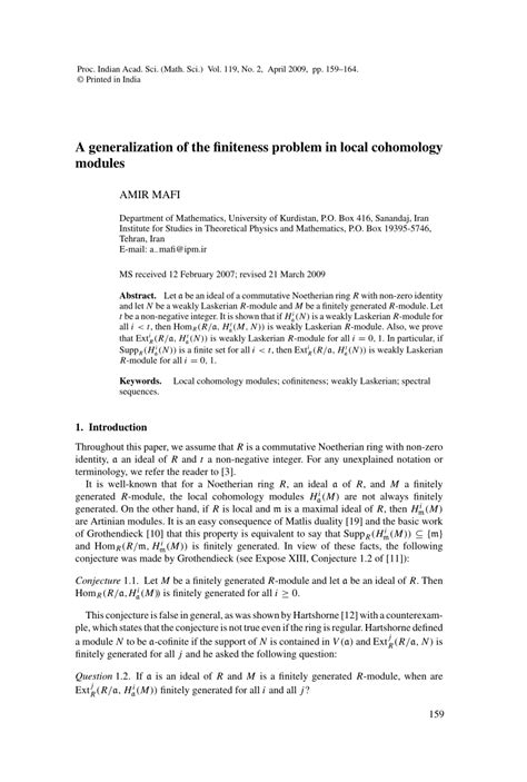 Pdf A Generalization Of The Finiteness Problem In Local Cohomology Modules