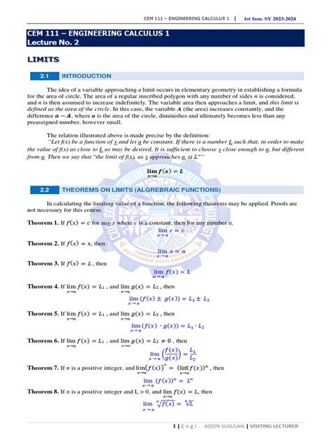 Cem 111 Topic 2 Limits Pdf Area Limit Mathematics