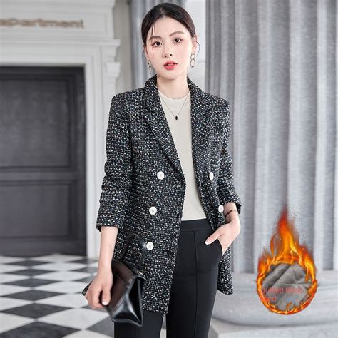 Black Graceful Suit Jacket Women S Double Breasted Quilted Thickened