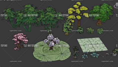 卡通植物 竹林 树木 3dmax低模手绘模型 地面 石头 桃模型 树木模型库 3ds Max Max 模型下载 Cg模型网