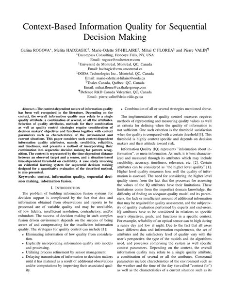 Pdf Context Based Information Quality For Sequential Decision Making