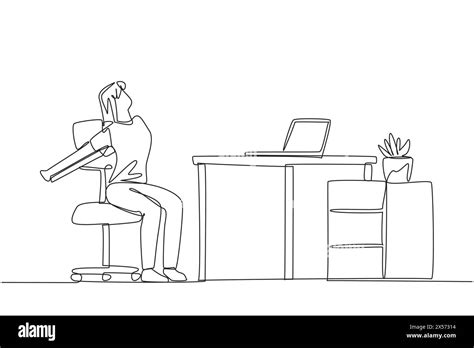 Continuous One Line Drawing Woman Sitting In Work Chair Stretching Arms Behind Back Avoid