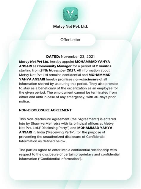 Offer Letter Mohammad Yahya Ansari Pdf Non Disclosure Agreement