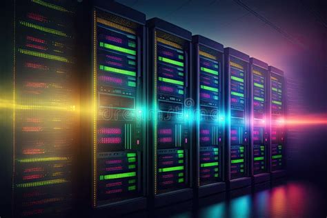 Working Data Center Full Of Rack Lighting Servers Dark Glow