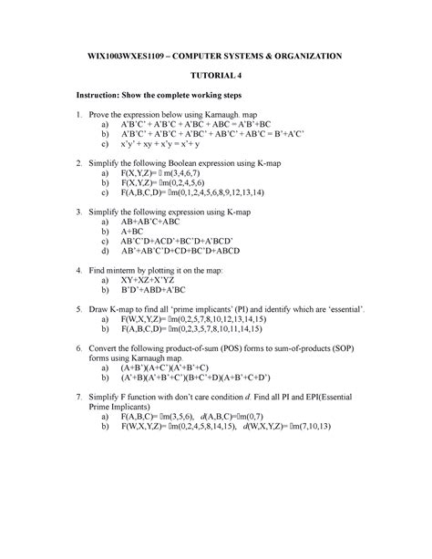 Tutorial 4 Exercises For K Map For Lecture In Week 4 WIX1003WXES1109 COMPUTER SYSTEMS