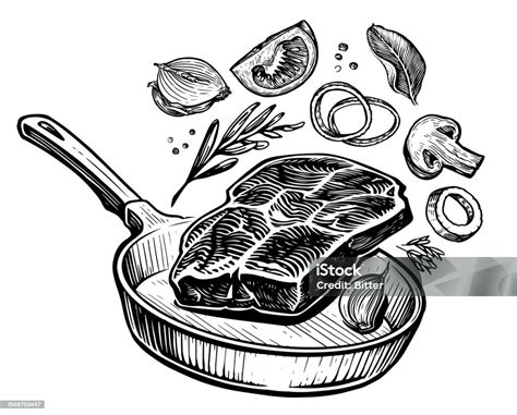 냄비에 야채와 함께 튀긴 스테이크 고기 요리 요리 스케치 일러스트레이션 조각 스타일 꽃등심 스테이크에 대한 스톡 벡터 아트 및