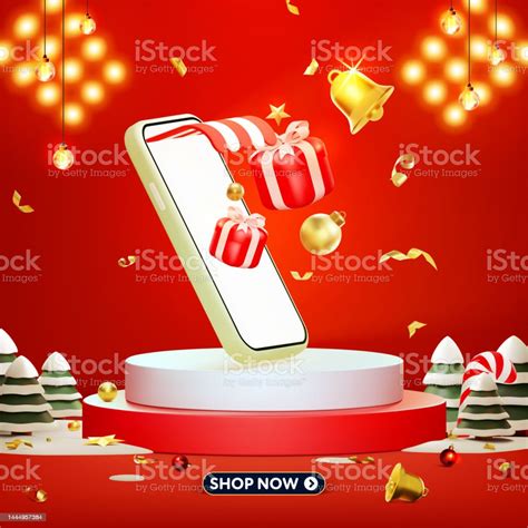 연단 배경으로 크리스마스와 새해 복 많이 받으세요 3d 현실적인 스마트 폰 선물 상자 크리스마스와 온라인 쇼핑을위한 새해 복 많이 받으세요 크리스마스에 대한 스톡 벡터 아트