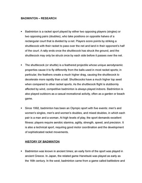 Badminton Research BADMINTON RESEARCH Badminton Is A Racket Sport Played By Either Two