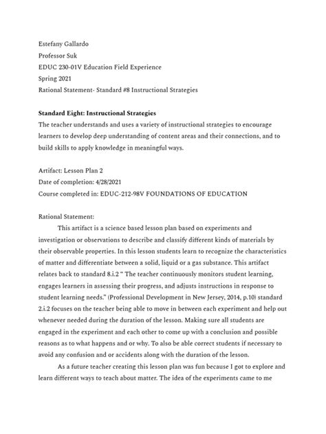 Rationale Statement 8 Pdf Lesson Plan Teachers