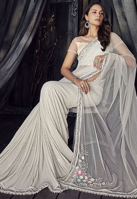 Buy White Color Net Designer Party Wear Saree In Uk Usa And Canada