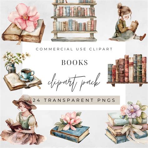 Watercolor Vintage Books Clipart Bundle Reading Vintage Girl Book