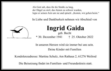 Traueranzeigen Von Ingrid Gaida Mittelhessen Gedenktde