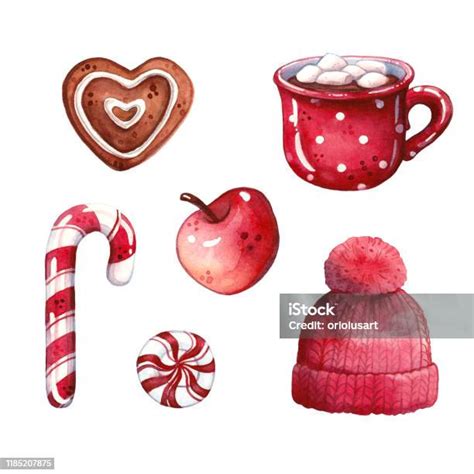 크리스마스 Hygge 및 겨울 휴일 손으로 그린 수채화 그림 세트 하트 모양의 진저 브레드 머그잔 사과 사탕 지팡이와 흰색에 고립 된 빨간 모자에 마시멜로와 핫 초콜릿 0