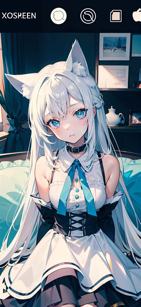 흰 머리와 푸른 눈을 가진 애니메이션 소녀가 침대에 앉아 있습니다 Seaart Ai