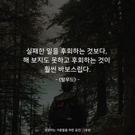 실패한 일을 후회하는 것보다⠀ 해 보지도 못하고 후회하는 것이⠀ 훨씬 바보스럽다⠀ ⠀ 《탈무드》 ⠀ ⠀ 그로씽 그로씽명언 그로씽좋은글⠀ 하루한문장 성공글귀