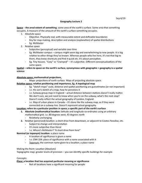 Geog Lec 2 Sep 6 Lecture Notes 2 Sep 6 Geography Lecture 2 Space The Areal Extent Of