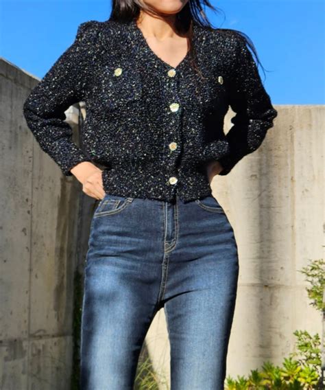 [어깨패드 금장단추]펄 트위드 니트 가디건 보카 포켓 금장단추 에이블리