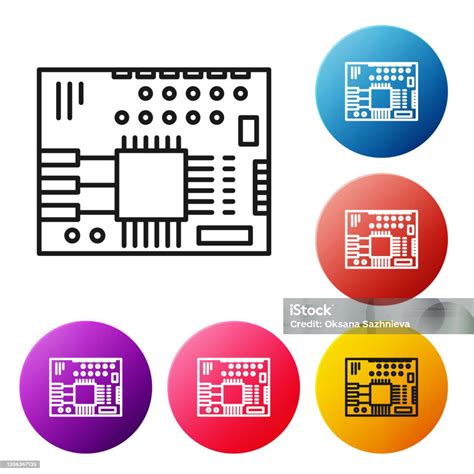 흰색 배경에 격리 된 검은 색 라인 인쇄 회로 기판 pcb 아이콘 아이콘 다채로운 원 버튼을 설정합니다 벡터 일러스트레이션
