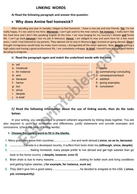 Linking Words Esl Worksheet By Tangerino