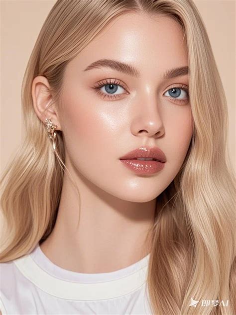 高清像素，一位国外欧美，女模特，细闪唇油质地唇，肤感很好，浅色背景 3 花瓣网