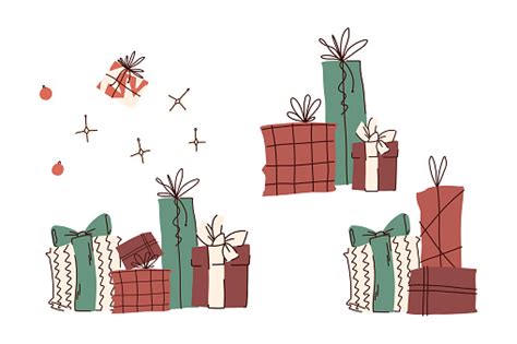 크리스마스 색상의 선물 상자 세트입니다 다양한 모양의 활이있는 포장지의 구성 개체 그룹에 대한 스톡 벡터 아트 및 기타 이미지 개체 그룹 공휴일 구 Istock
