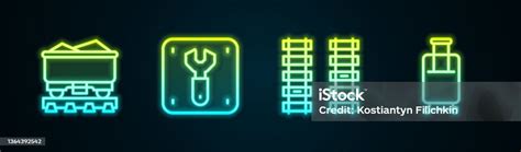 세트 라인 석탄 기차 마차 철도 수리 철도 철도 트랙 및 여행 가방 빛나는 네온 아이콘 벡터 Crash Site에 대한 스톡 벡터 아트 및 기타 이미지 Istock