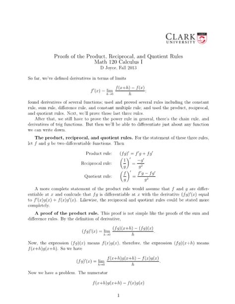 Proofs Of The Product Reciprocal And Quotient Rules Math 120 Calculus I D Joyce Fall 2013