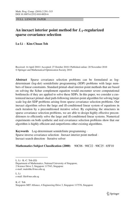 Pdf An Inexact Interior Point Method For L 1 Regularized Sparse Covariance Selection