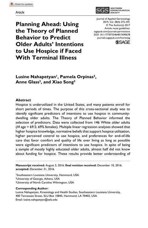 Pdf Planning Ahead Using The Theory Of Planned Behavior To Predict Older Adults Intentions