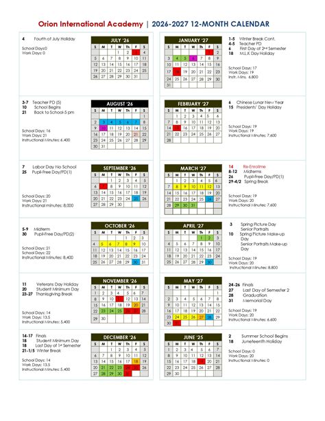 Academic Calendar Orion Schools