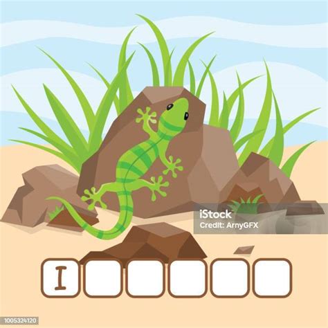 밝은 녹색이 구 아나의 귀여운 만화와 함께 재미 있는 낱말 게임 바위에가 열 된다 벡터 일러스트입니다 귀여운 유치원 교육 워크시트입니다 0명에 대한 스톡 벡터 아트 및 기타