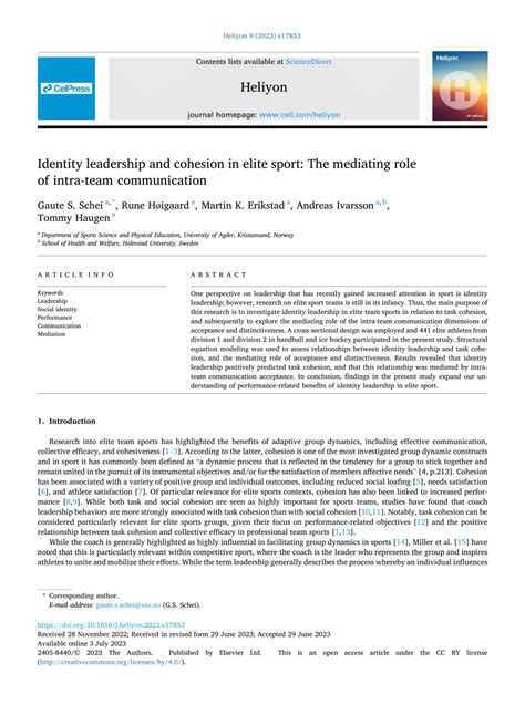 Pdf Identity Leadership And Cohesion In Elite Sport The Mediating
